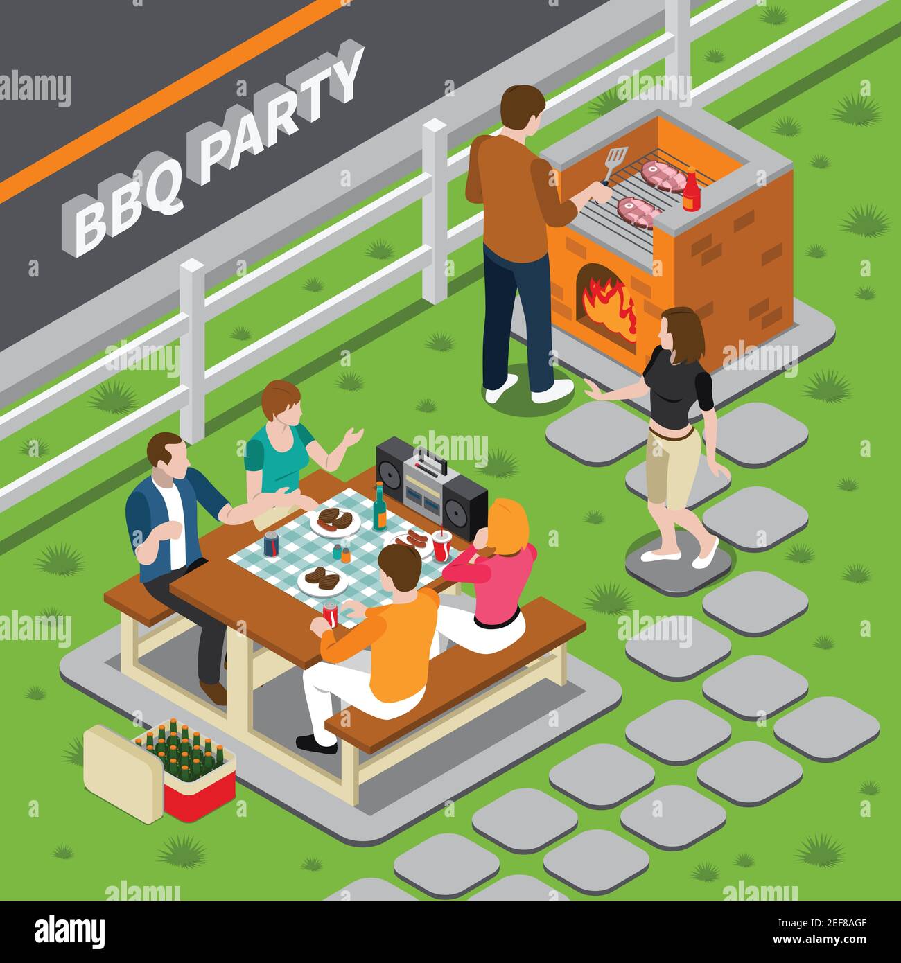 Bbq party isometric composition with cooking on grill, people at table ...