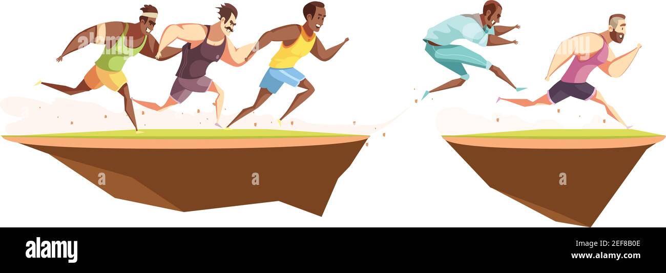 Competition icons retro cartoon composition with male runner characters ...