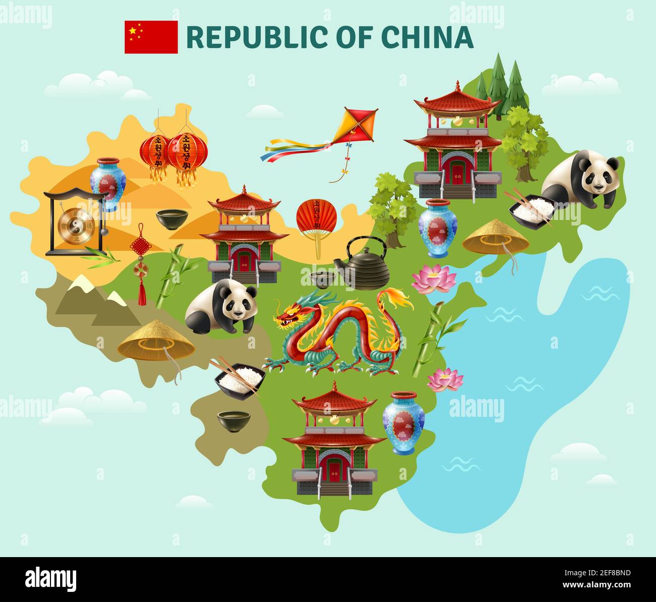 China travel sightseeing map with culture traditions national cuisine ...