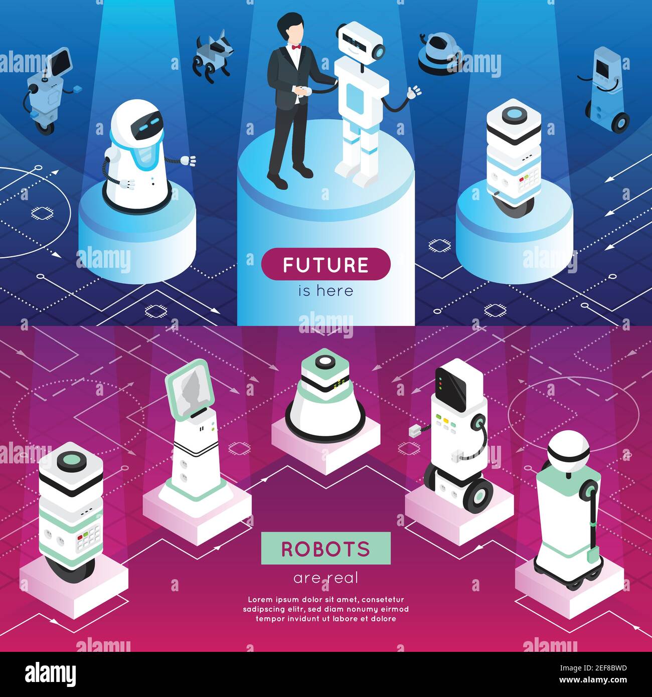 Robots horizontal isometric banners with man, high tech machines on ...