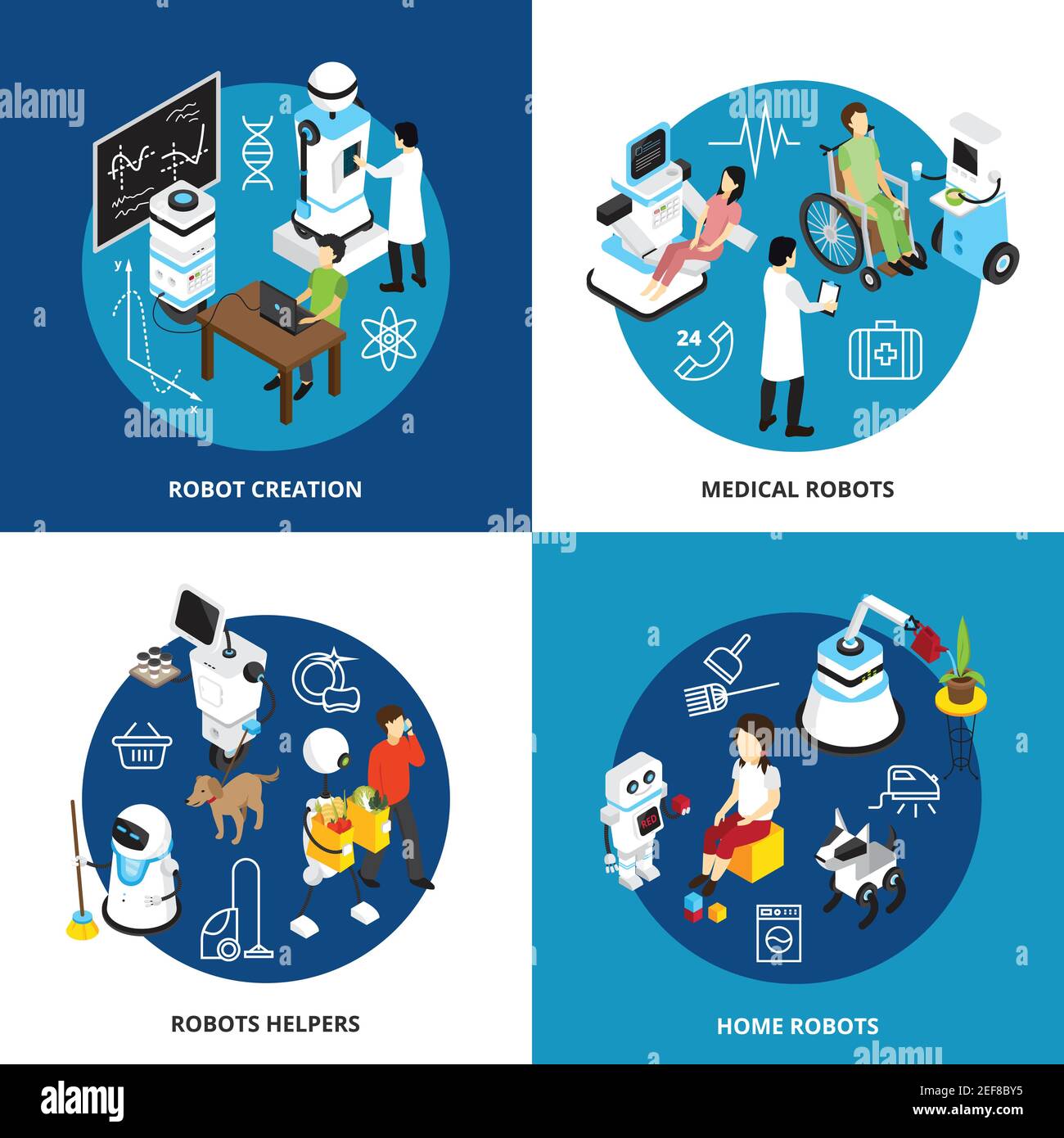 Isometric design concept with robots creation, high tech machines for ...