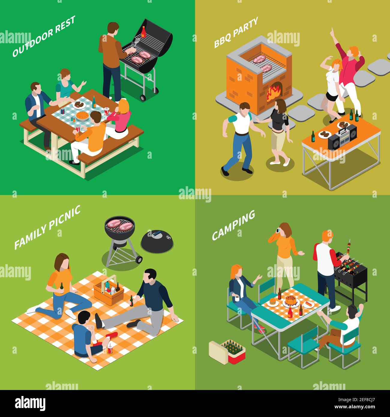 Bbq isometric compositions with outdoor rest, party with dancing ...