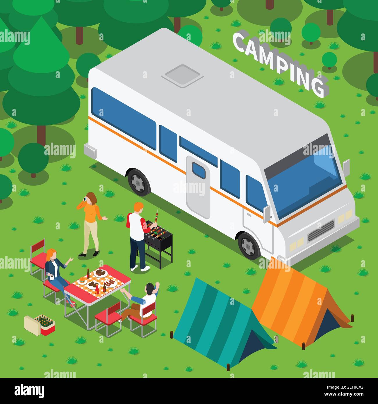 Camping isometric composition with people, grilled meat, car, tents ...