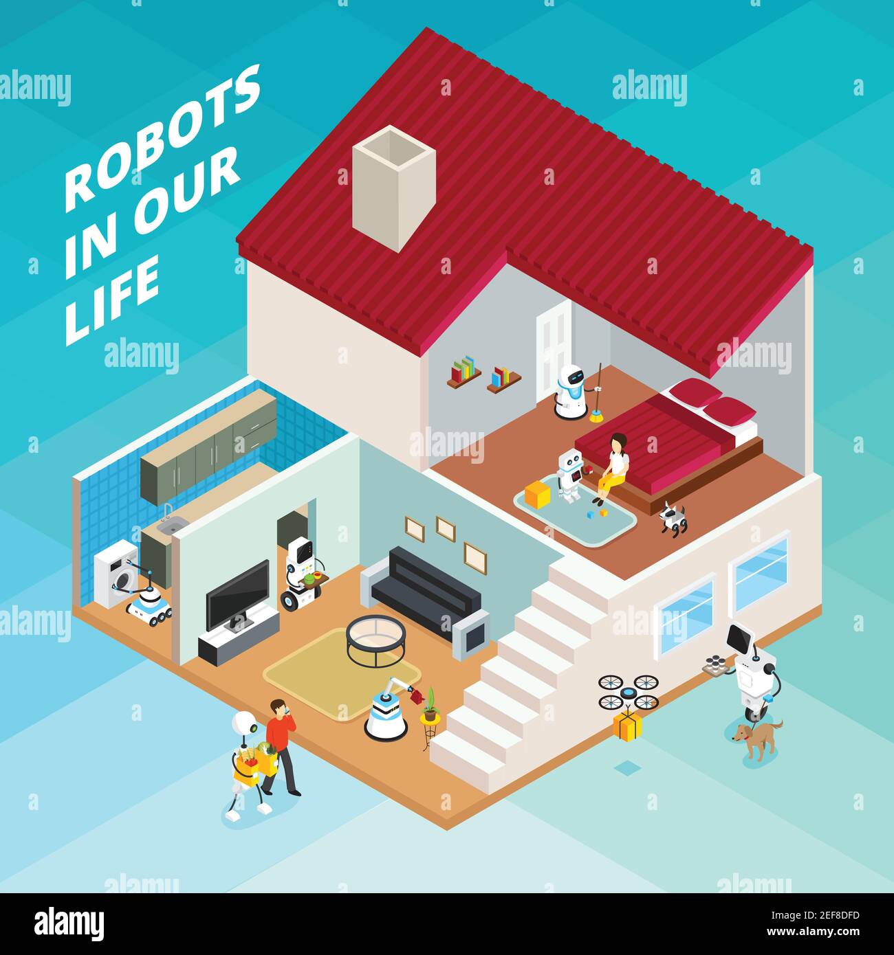 Home with robots for housework, machines helpers and drone goods ...