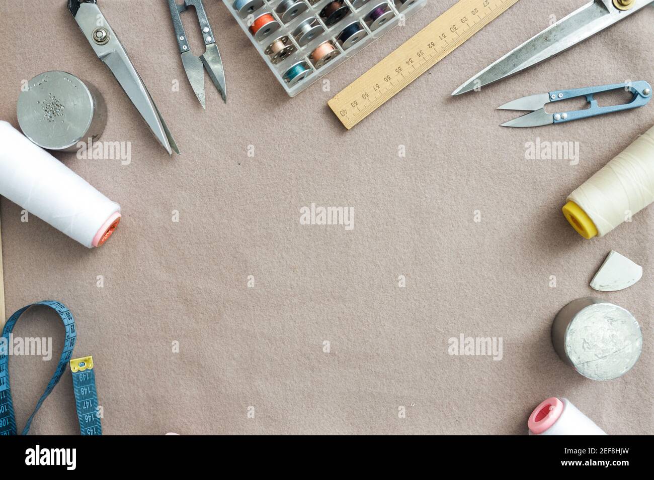 Tailor's tools on rag background with space for your text Stock Photo ...
