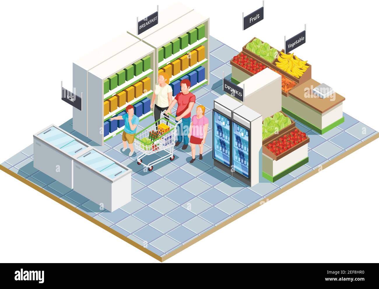 Family shopping isometric composition of convenient store interior ...