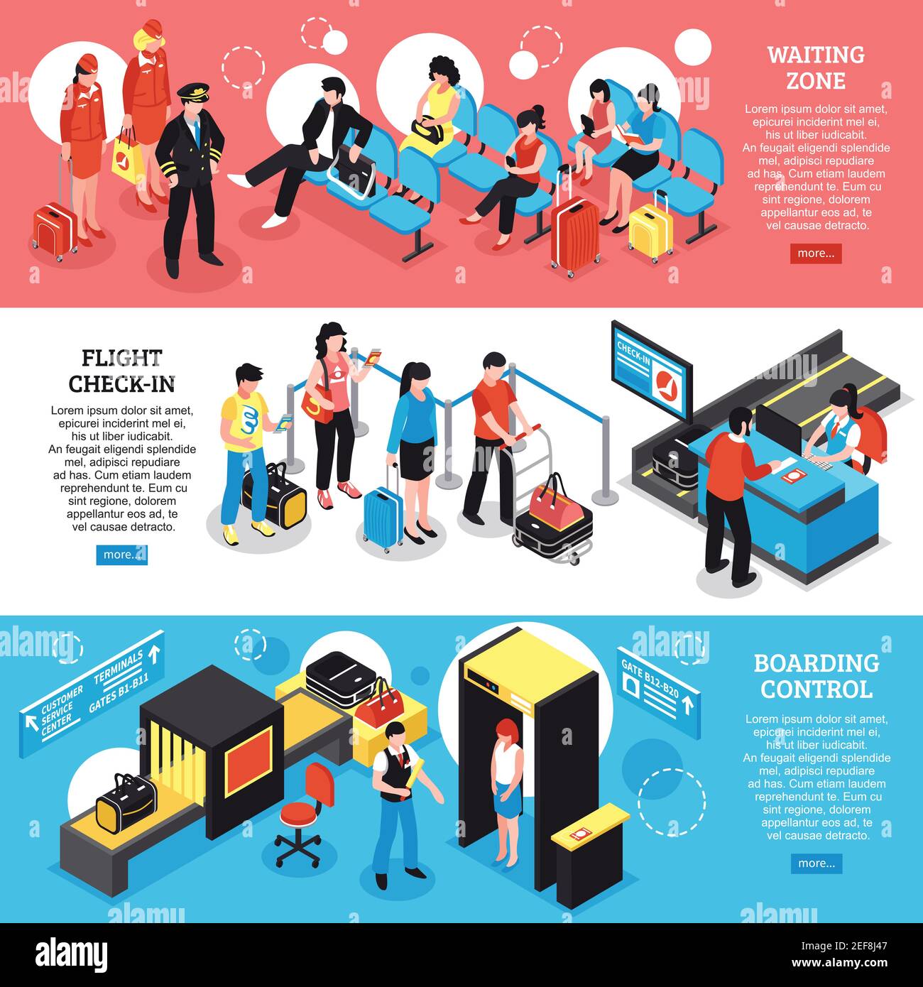 Airport waiting area check in and security control gates 3 horizontal ...