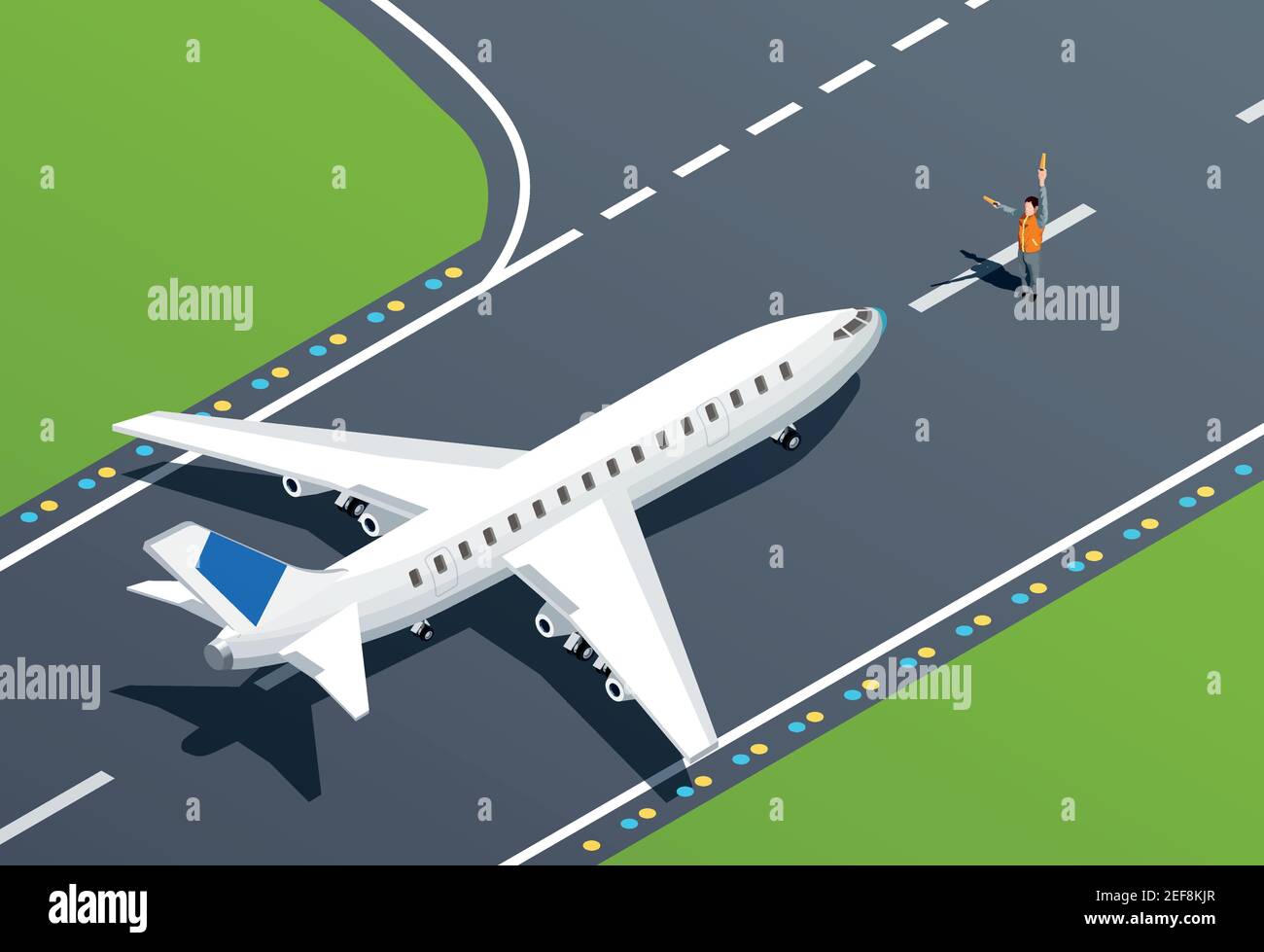 Plane on takeoff strip and airport employee 3d isometric vector ...