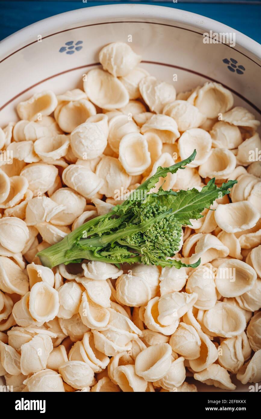 Traditional apulian dish with orecchiette shaped pasta and turnip tops ...