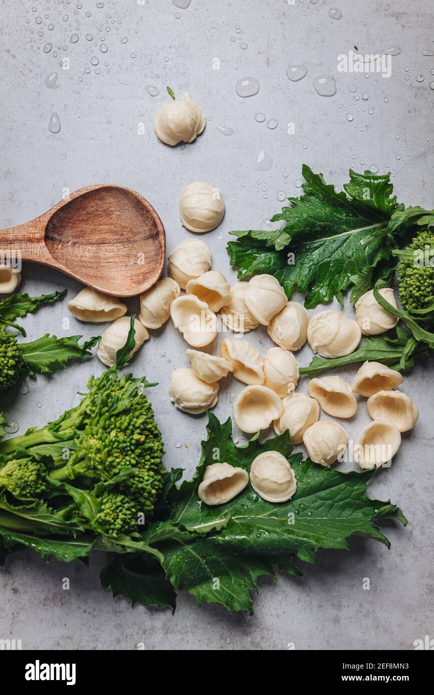 Traditional apulian dish with orecchiette shaped pasta and turnip tops ...