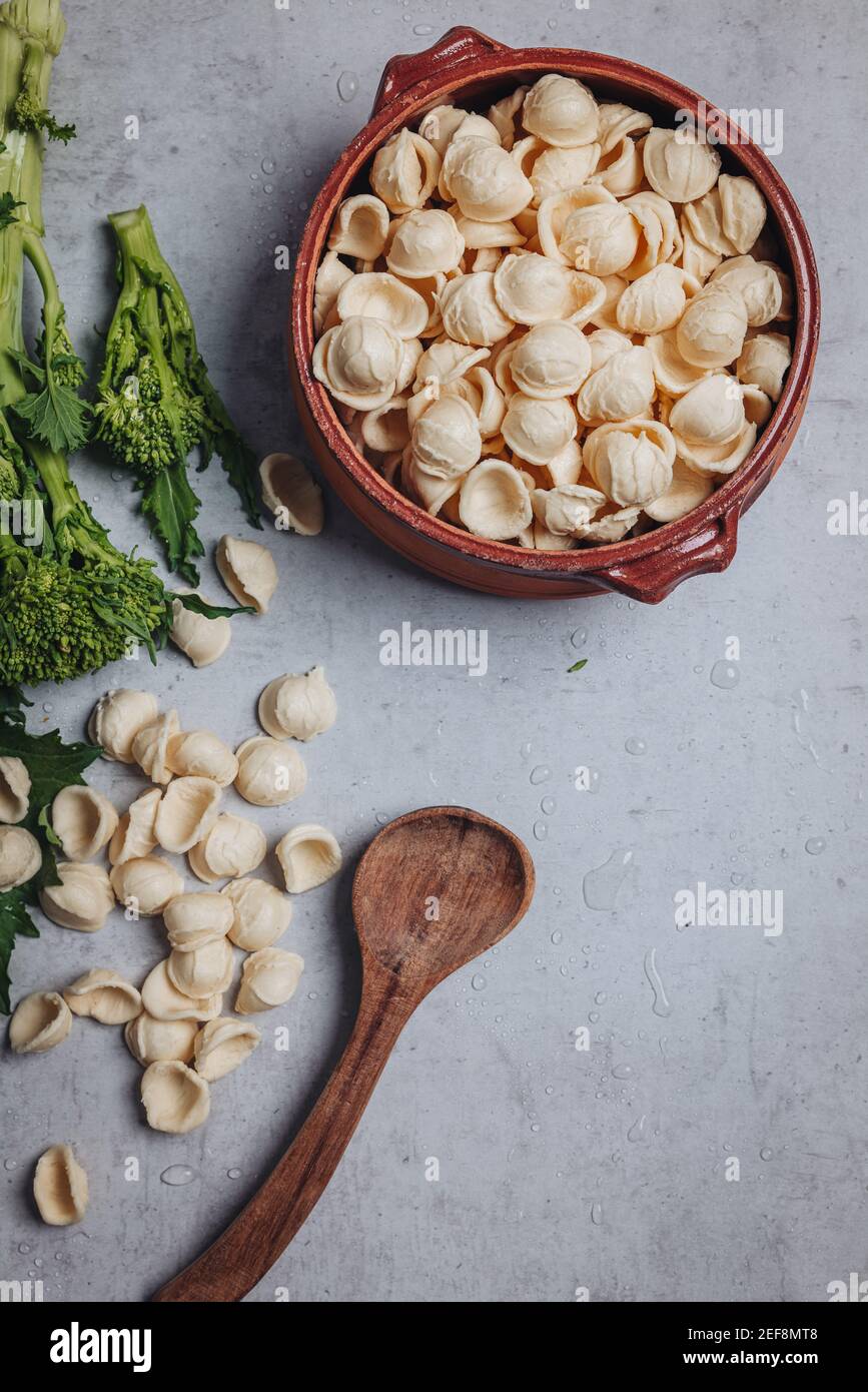 Traditional apulian dish with orecchiette shaped pasta and turnip tops ...