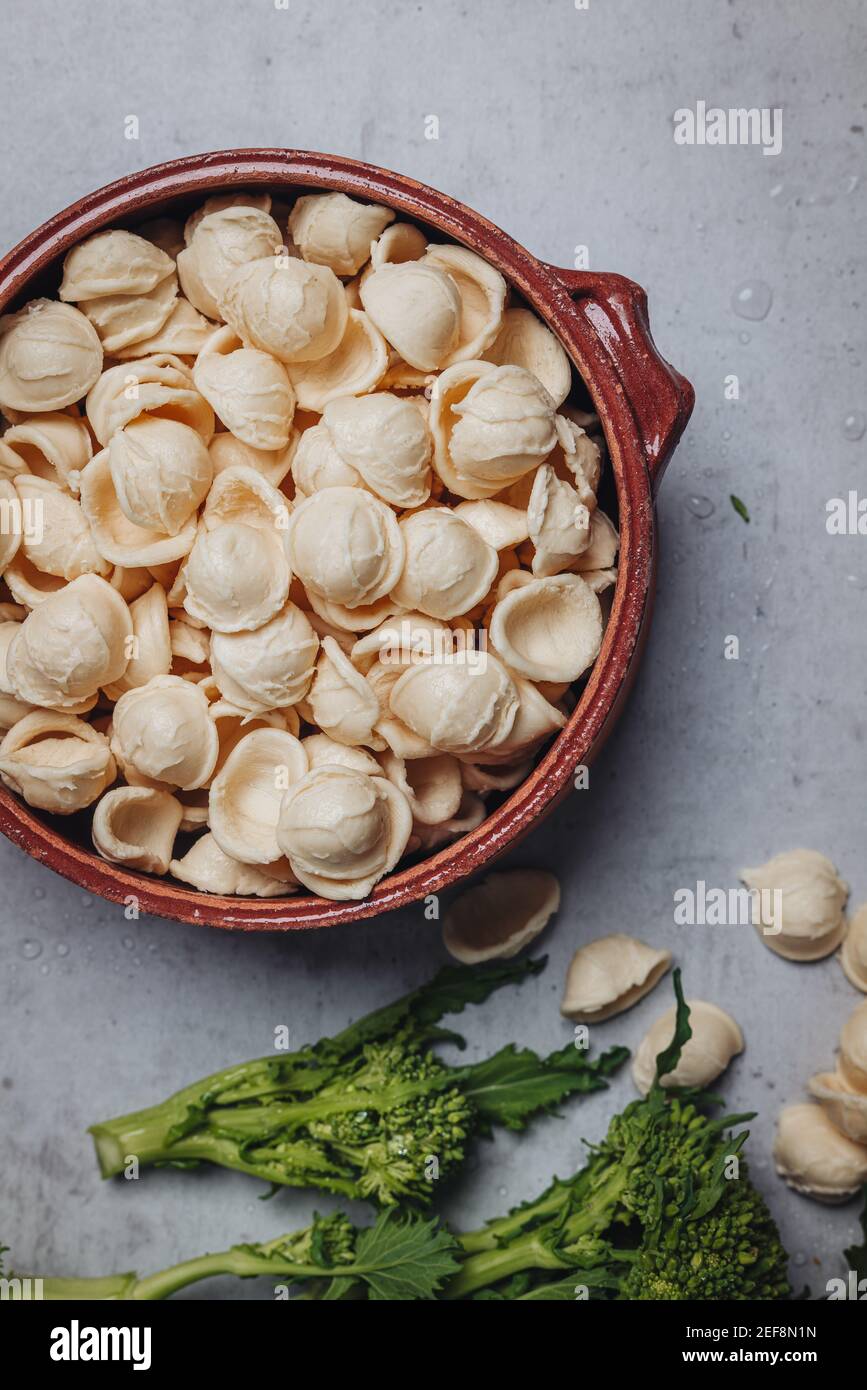 Traditional apulian dish with orecchiette shaped pasta and turnip tops ...