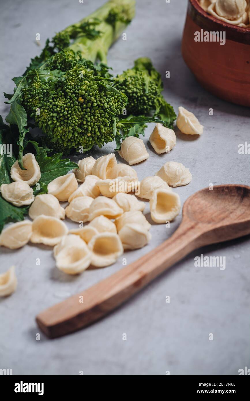 Traditional apulian dish with orecchiette shaped pasta and turnip tops ...