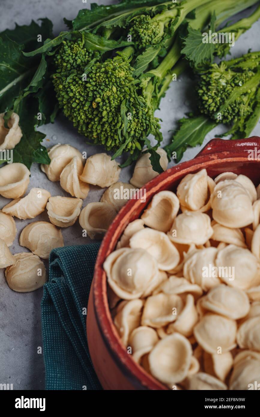 Traditional apulian dish with orecchiette shaped pasta and turnip tops ...