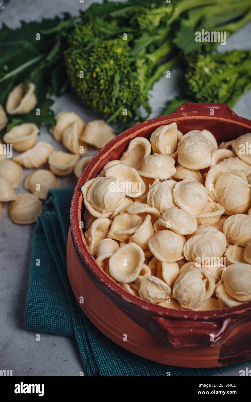 Traditional apulian dish with orecchiette shaped pasta and turnip tops ...