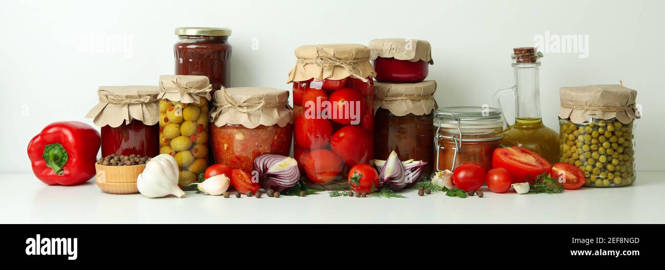 Different pickled food and ingredients on white background Stock Photo ...