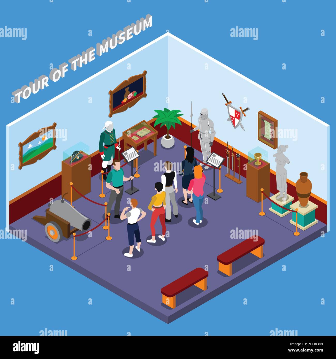 Tour of museum isometric composition with guide and group of visitors ...