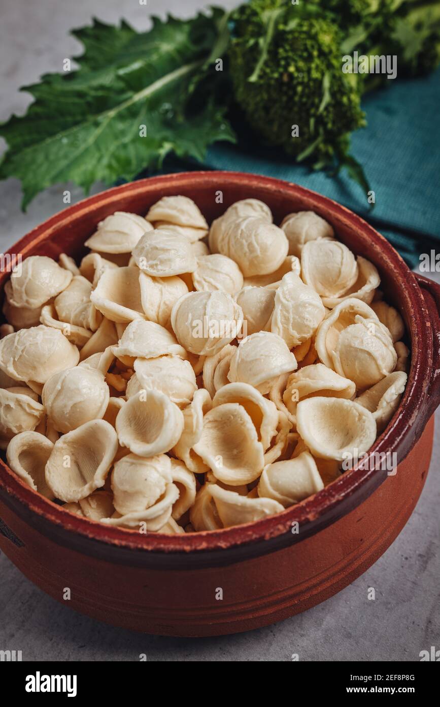 Traditional apulian dish with orecchiette shaped pasta and turnip tops ...