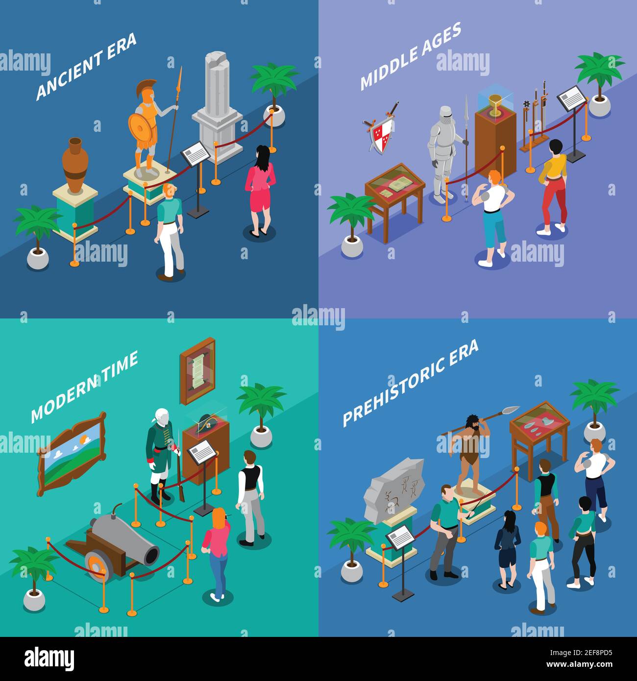 Set of isometric museum scenes including art gallery and historical ...