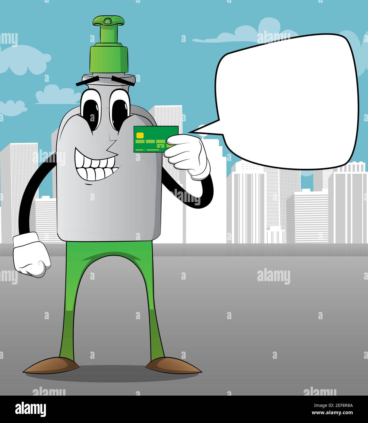 Cartoon bottle of hand sanitizer gel for hygiene with face holding ...