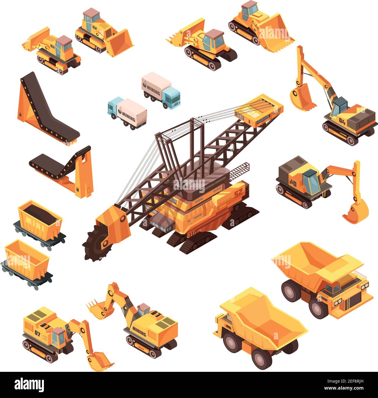 Isometric mining set of isolated machinery images with orange trucks ...
