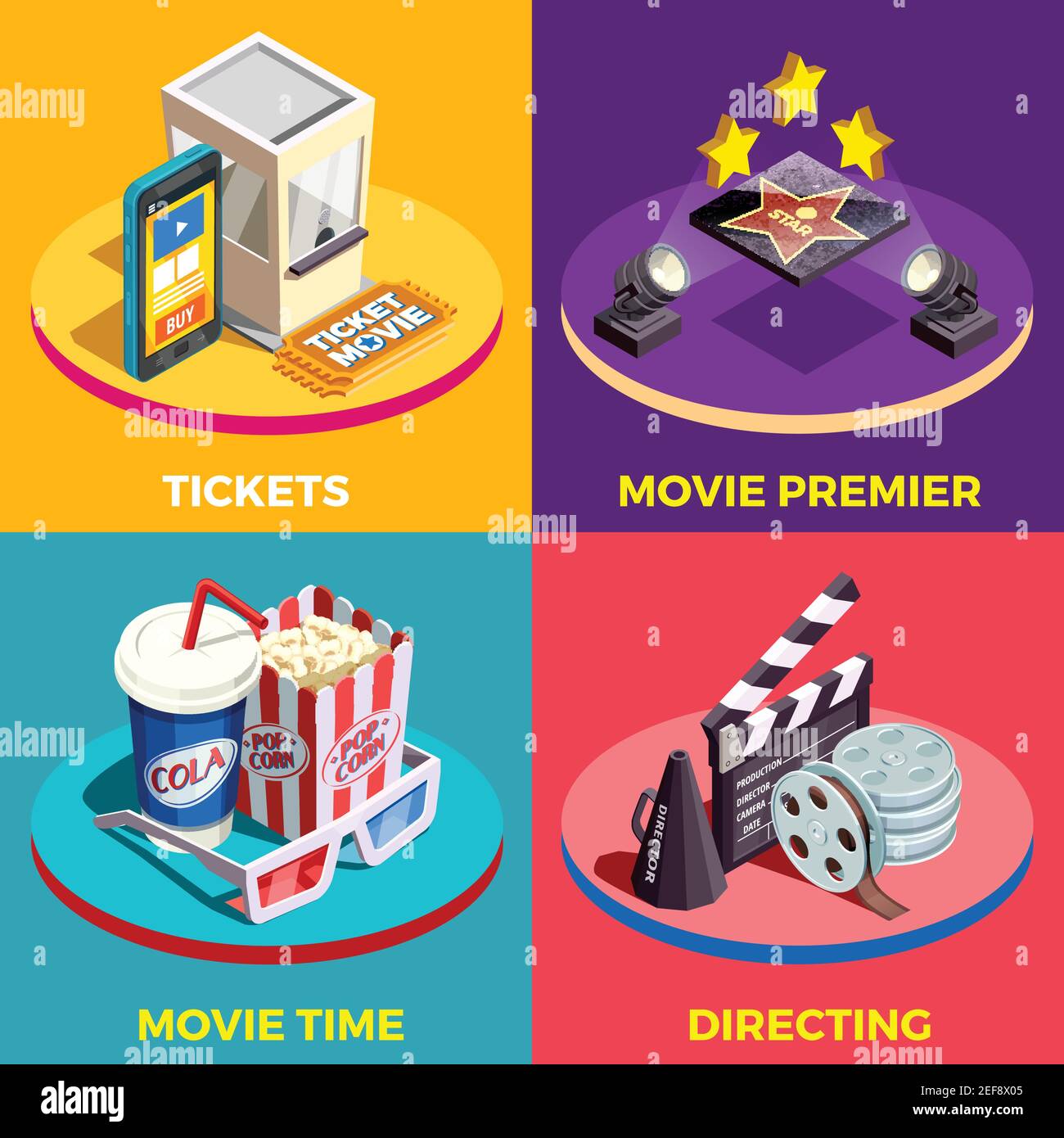 Cinema isometric design concept with compositions of movie industry ...