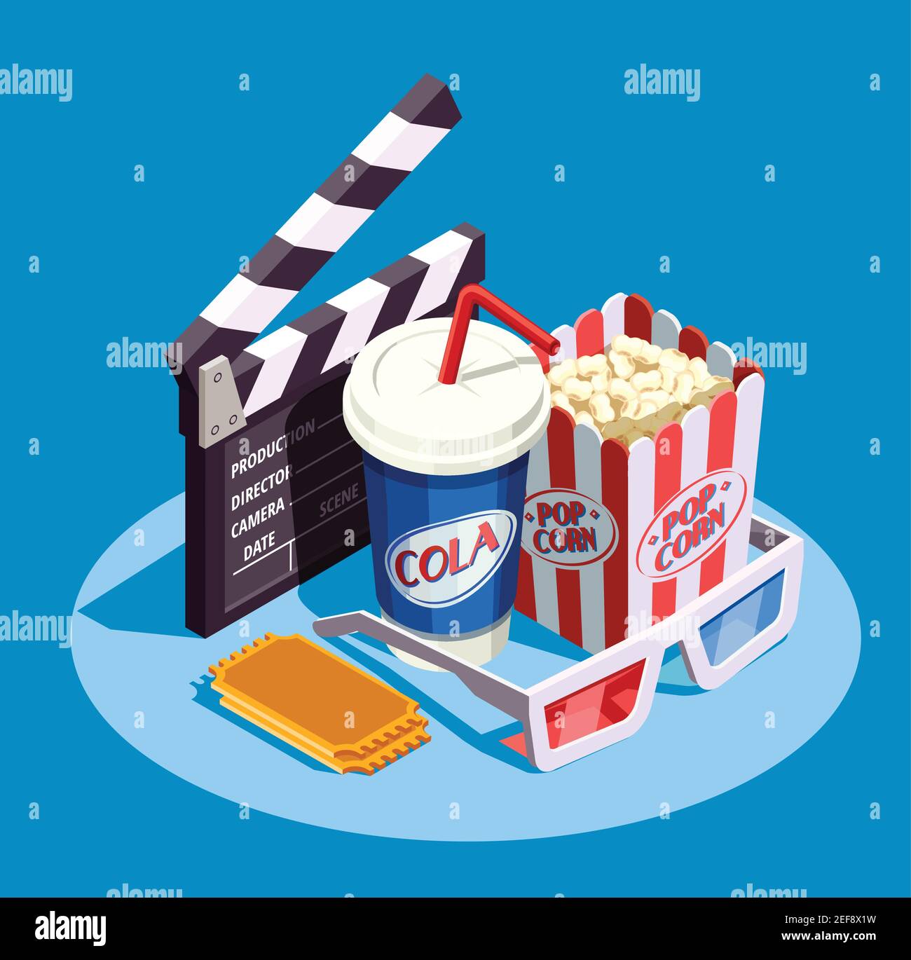 Objects for watching movie at cinema and clapper isometric icon set on ...