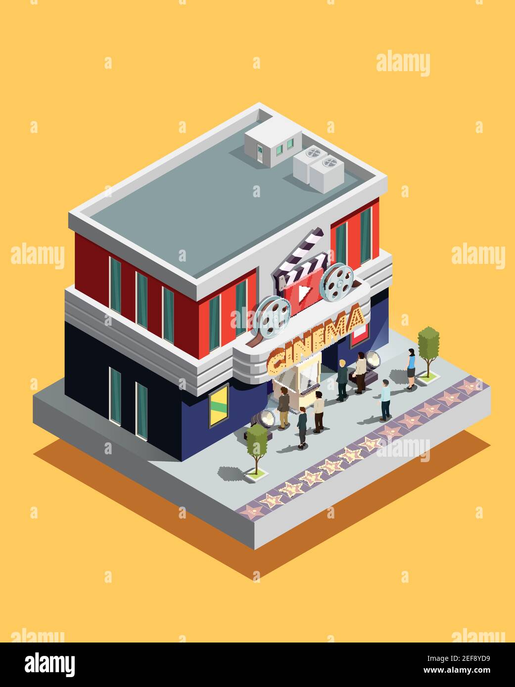 Isometric cinema building with people at entrance on yellow background 3d vector illustration ...