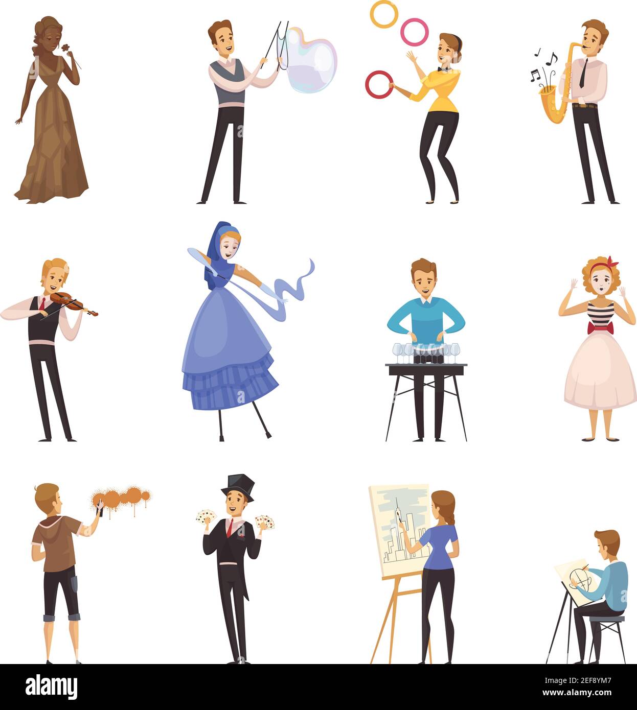 Street artists isolated cartoon icons with mime busker juggler painter ...