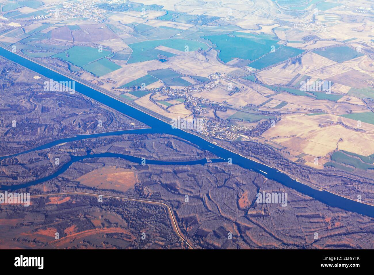 Aerial view of river and fields . Riverside view from the airplane ...