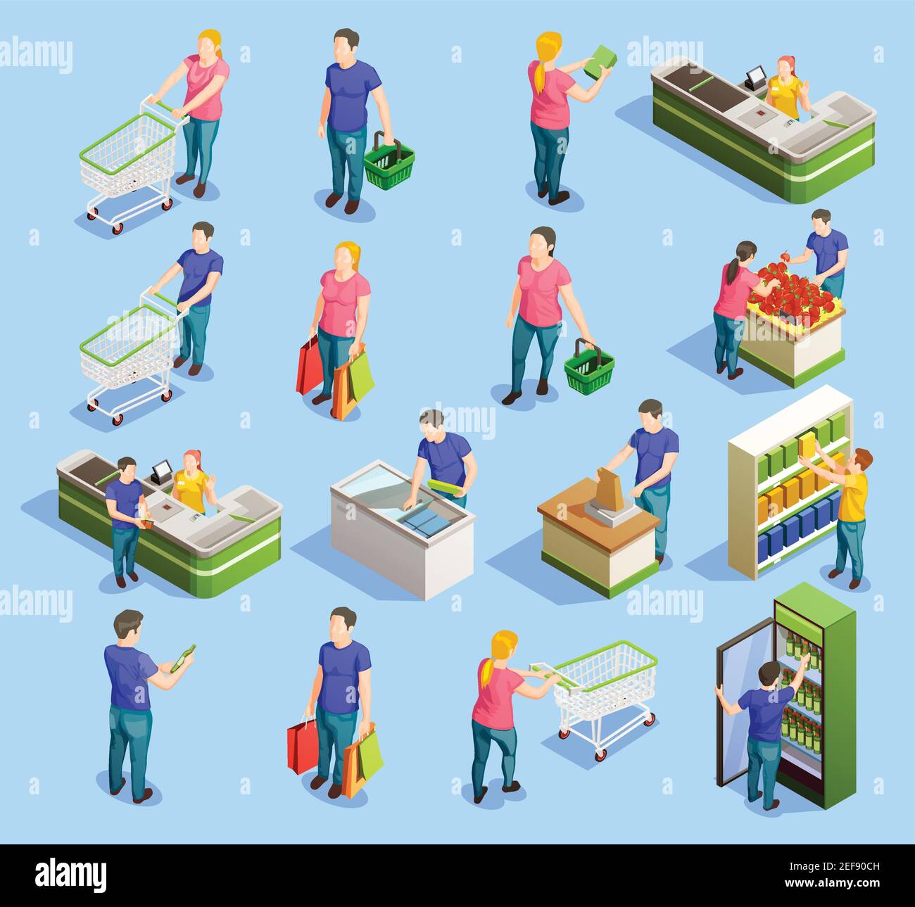 Isometric people shopping set of isolated human characters with trolley ...