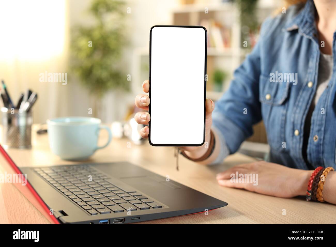 Close up portrait of a student hand showing blank smart phone screen on ...