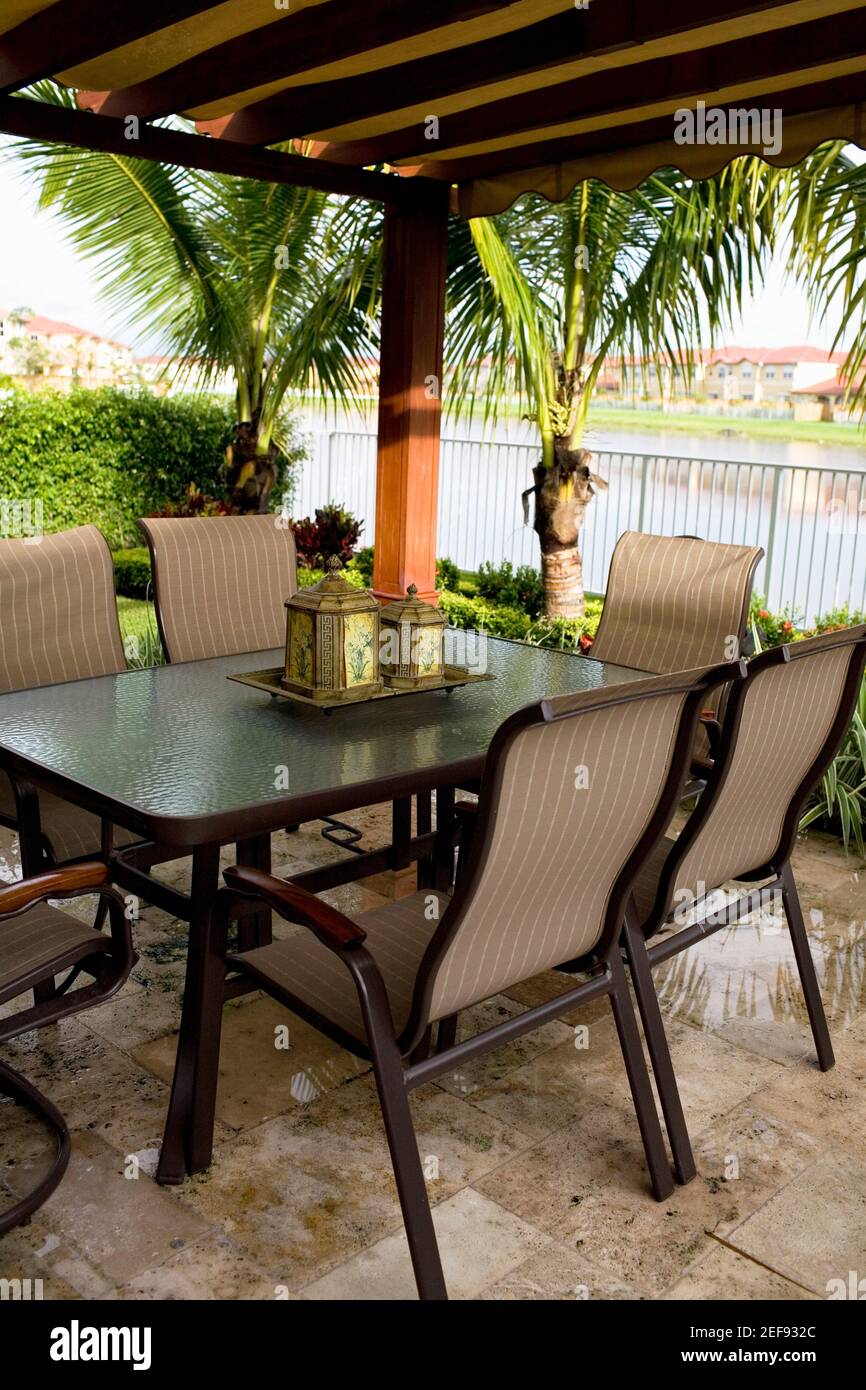 Empty chair with tables under a shed Stock Photo - Alamy