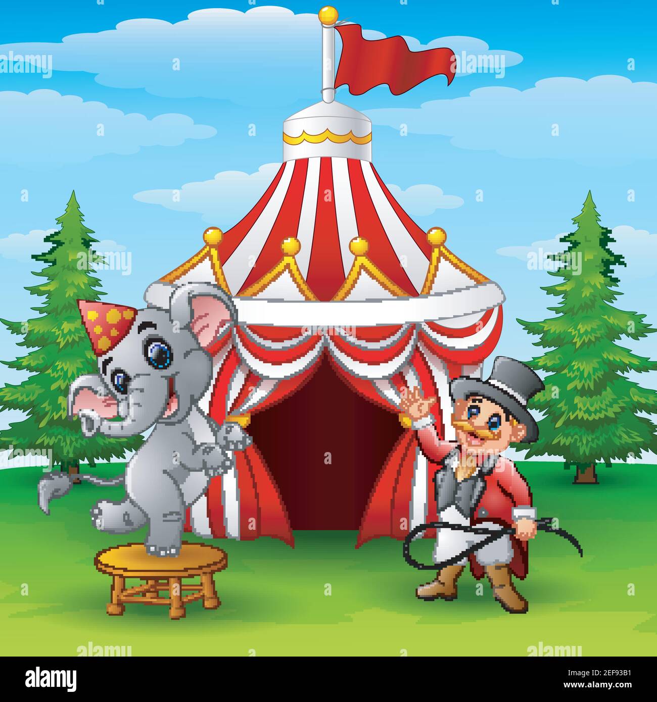 Vector illustration of Circus elephant and tamer on the circus tent ...