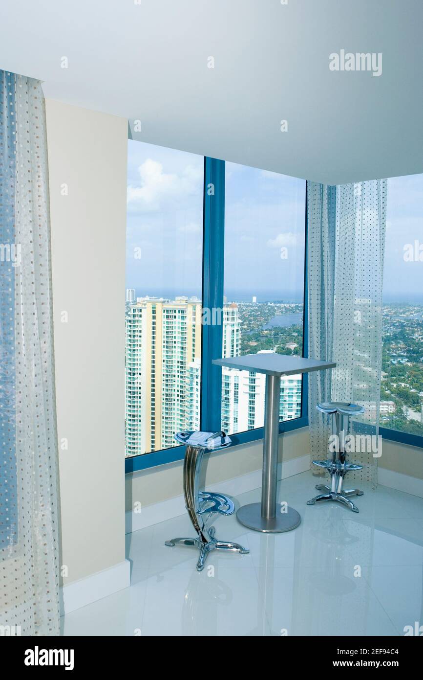 View of a city through the window of a hotel Stock Photo - Alamy