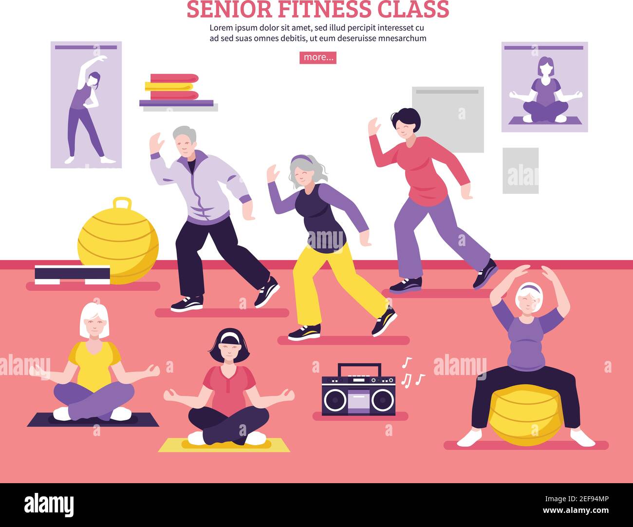 Seniors group fitness class flat webpage design poster with yoga asanas ...
