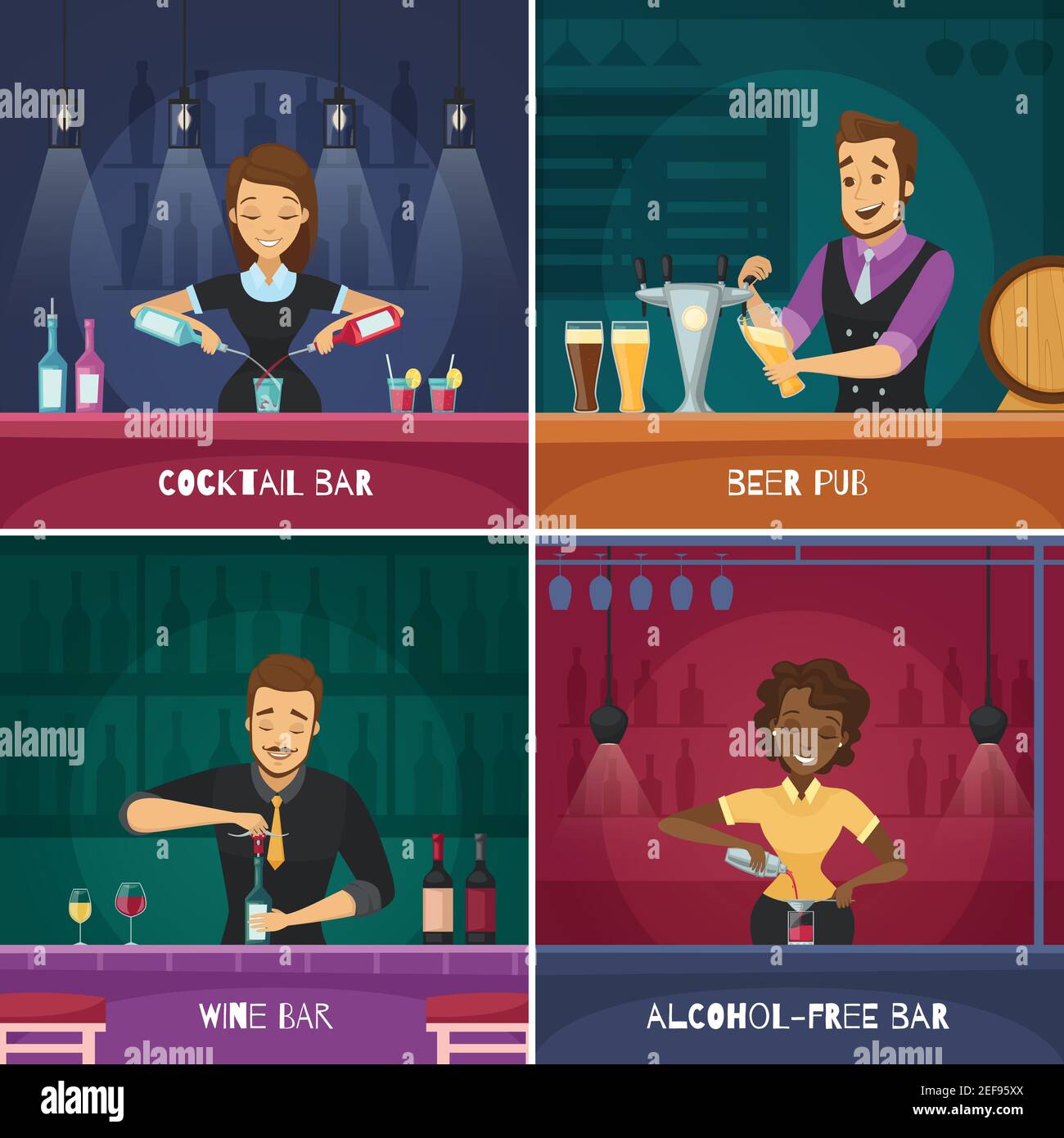 Barman 2x2 design concept in cartoon style with male and female ...
