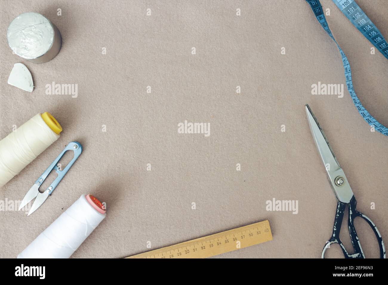 Tailor's tools on rag background with space for your text Stock Photo ...