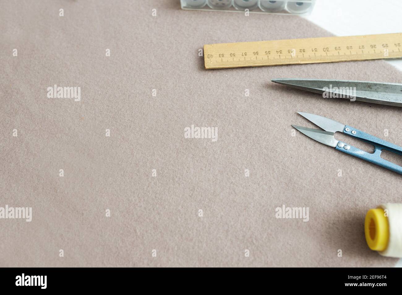 Tailor's tools on rag background with space for your text Stock Photo ...