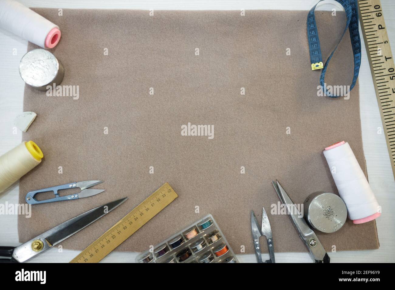 Tailor's tools on rag background with space for your text Stock Photo ...