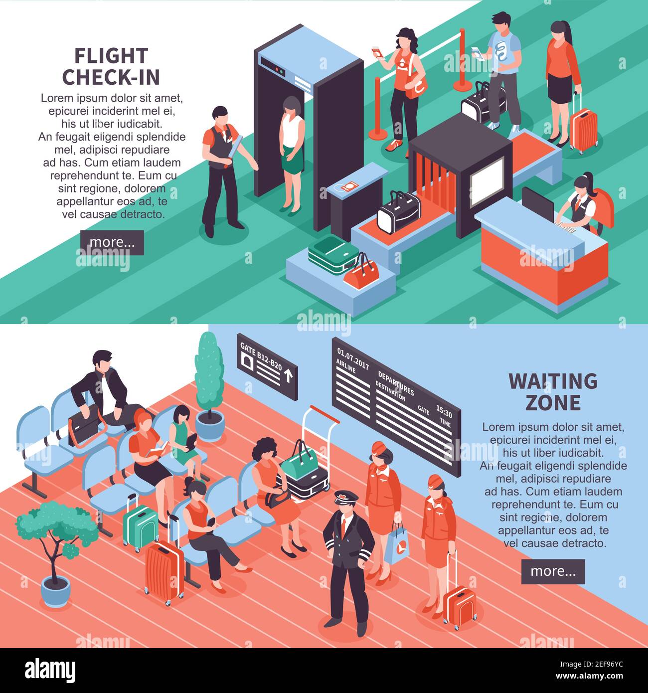 Airport flight check-in security and waiting area isometric 2 ...
