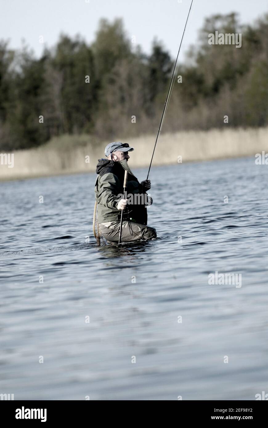 Side profile of a mature man fishing in the river Stock Photo - Alamy