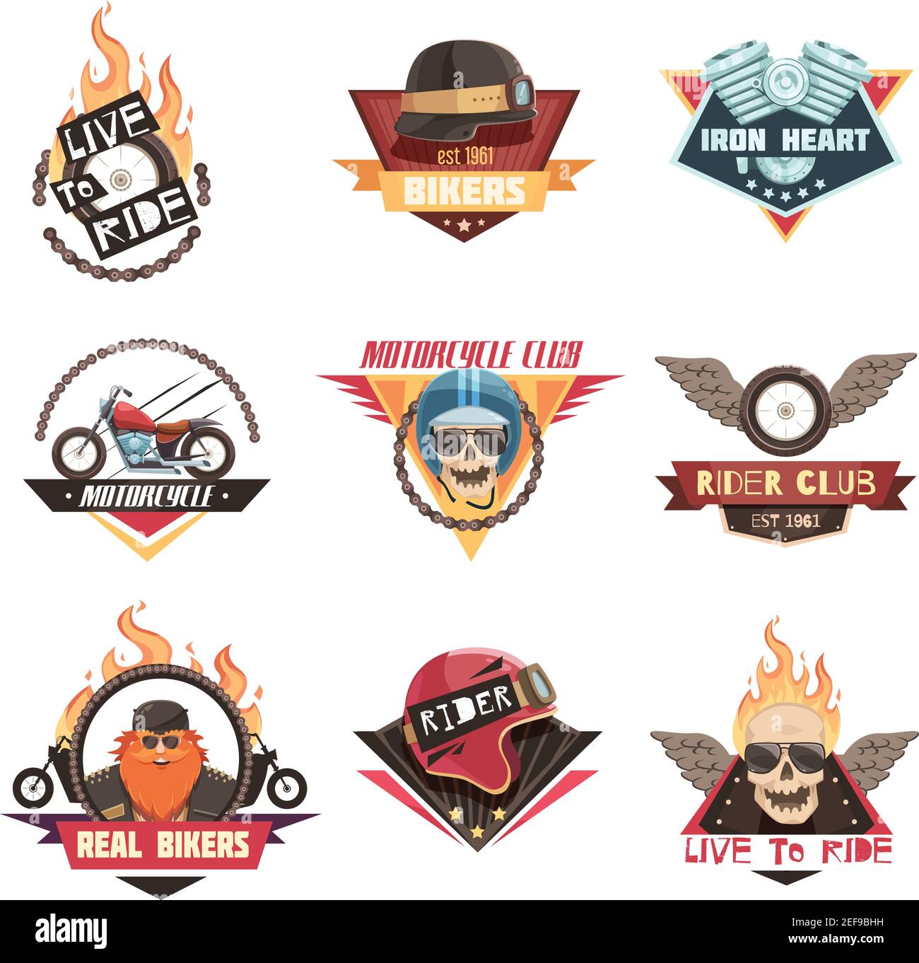 Rider labels set of nine flat isolated motorcycle club emblems with ...