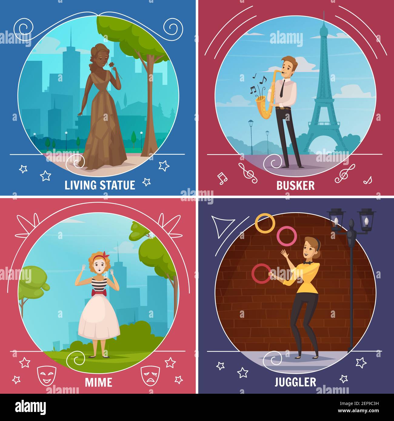 Street artists 2x2 cartoon design concept with busker mime juggler and ...