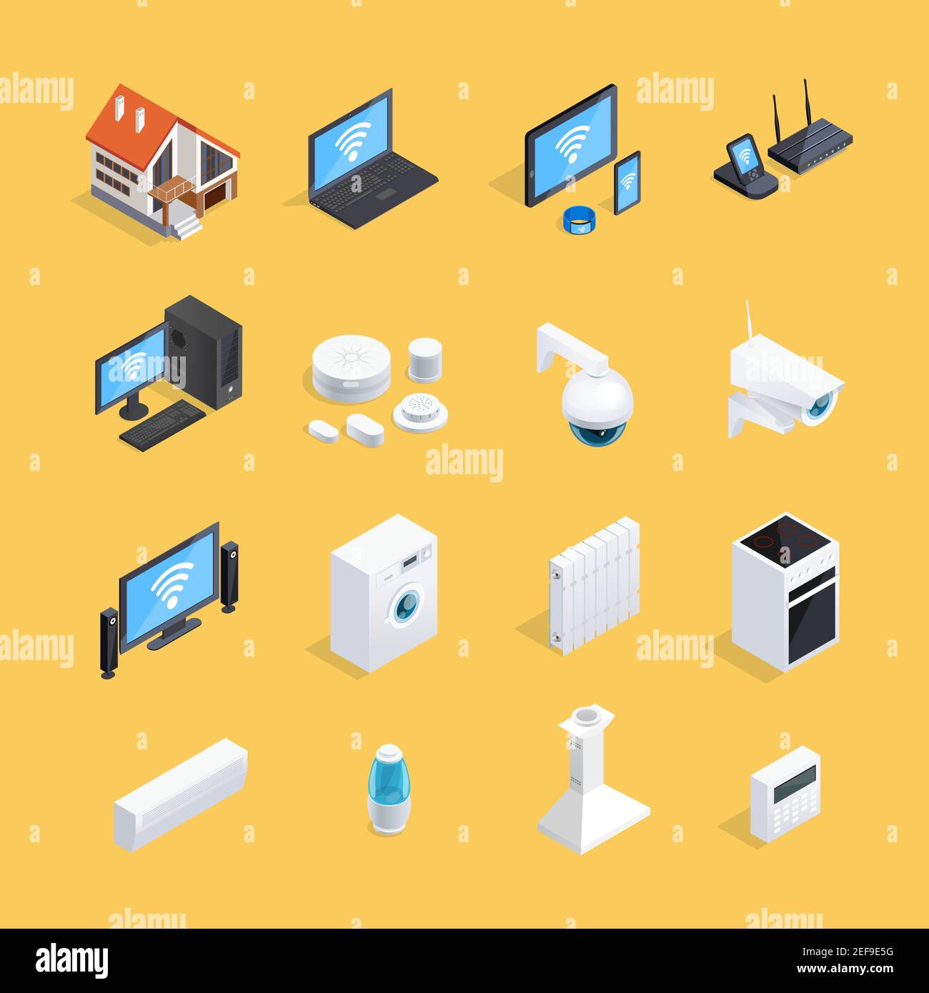 Smart home internet of things iot isometric icons set with computer house conditioner background ...
