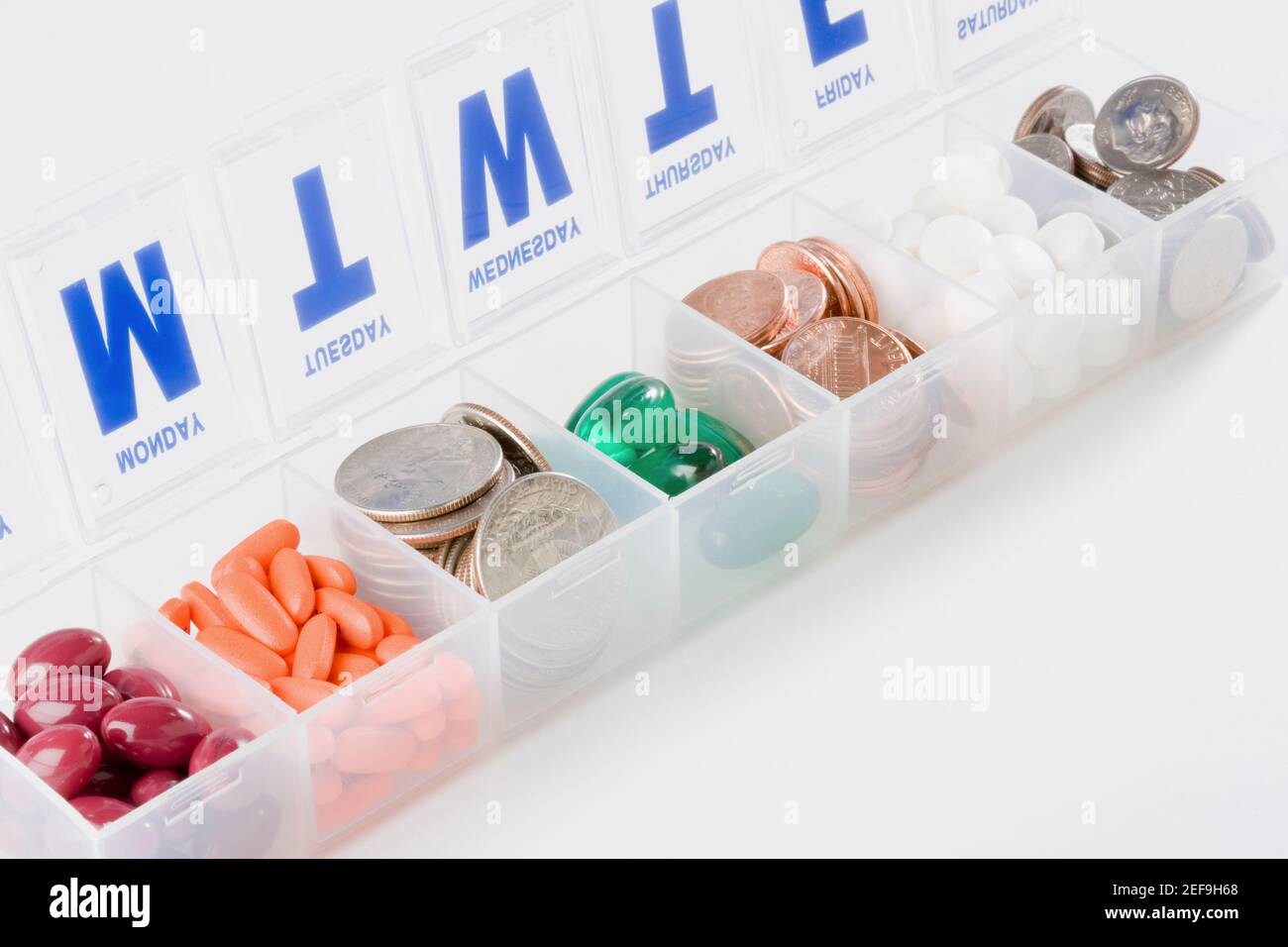 Prescription medication schedule box containing coins and capsules ...