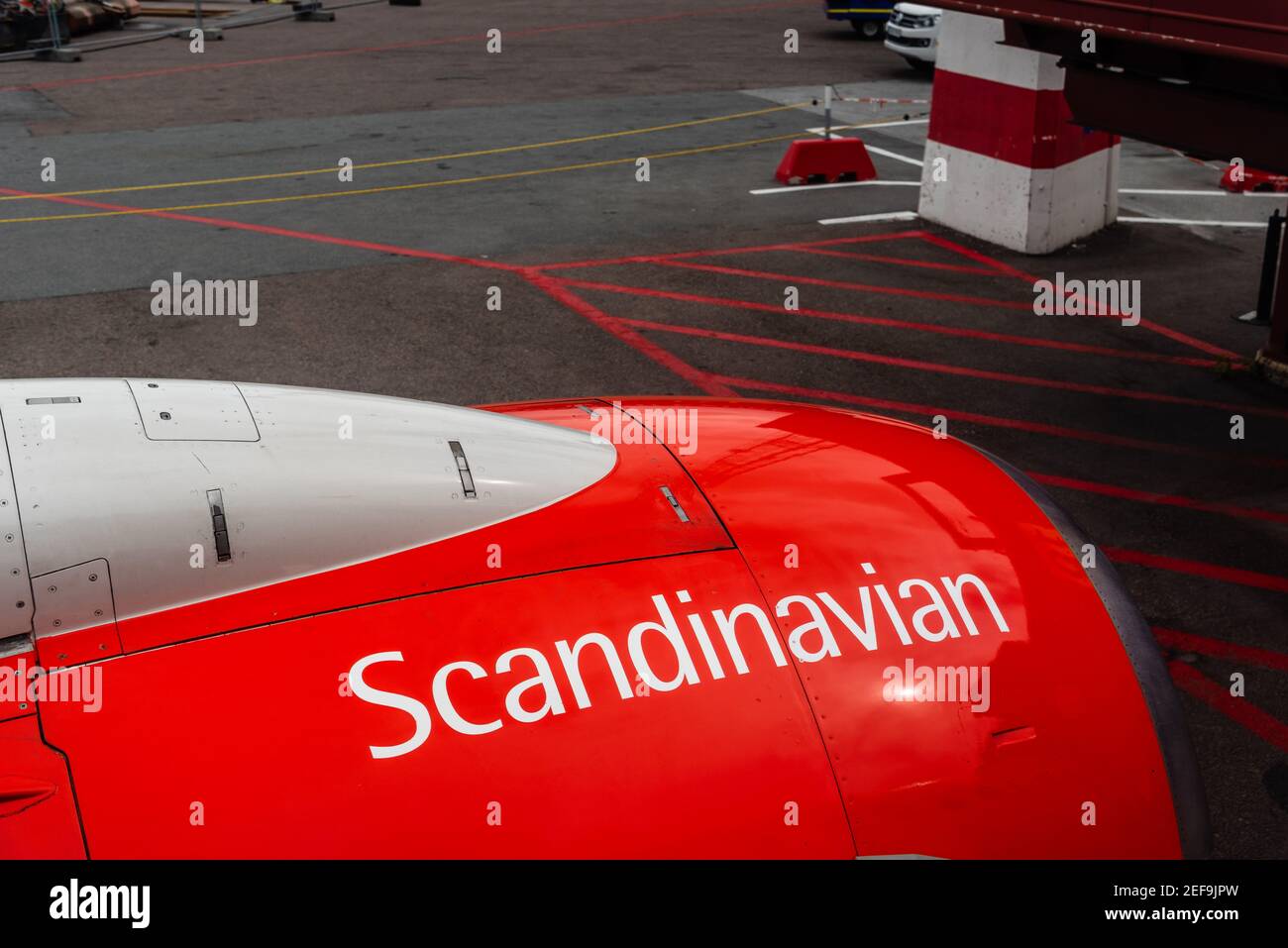 Stockholm, Sweden - August 10, 2019: Engine of Airplane of SAS ...