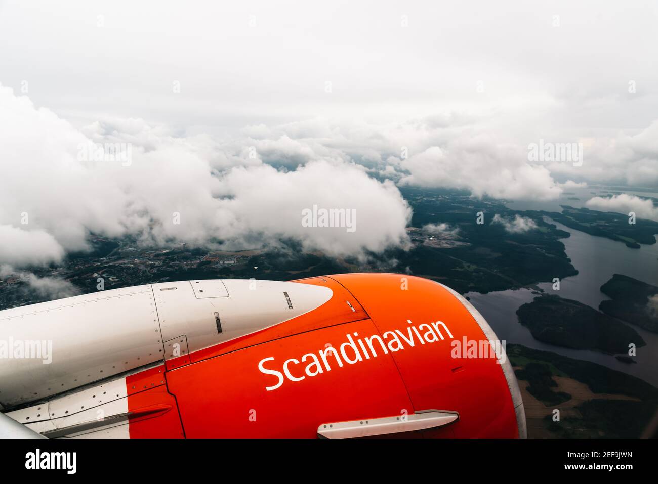 Stockholm, Sweden - August 10, 2019: Engine of Airplane of SAS ...