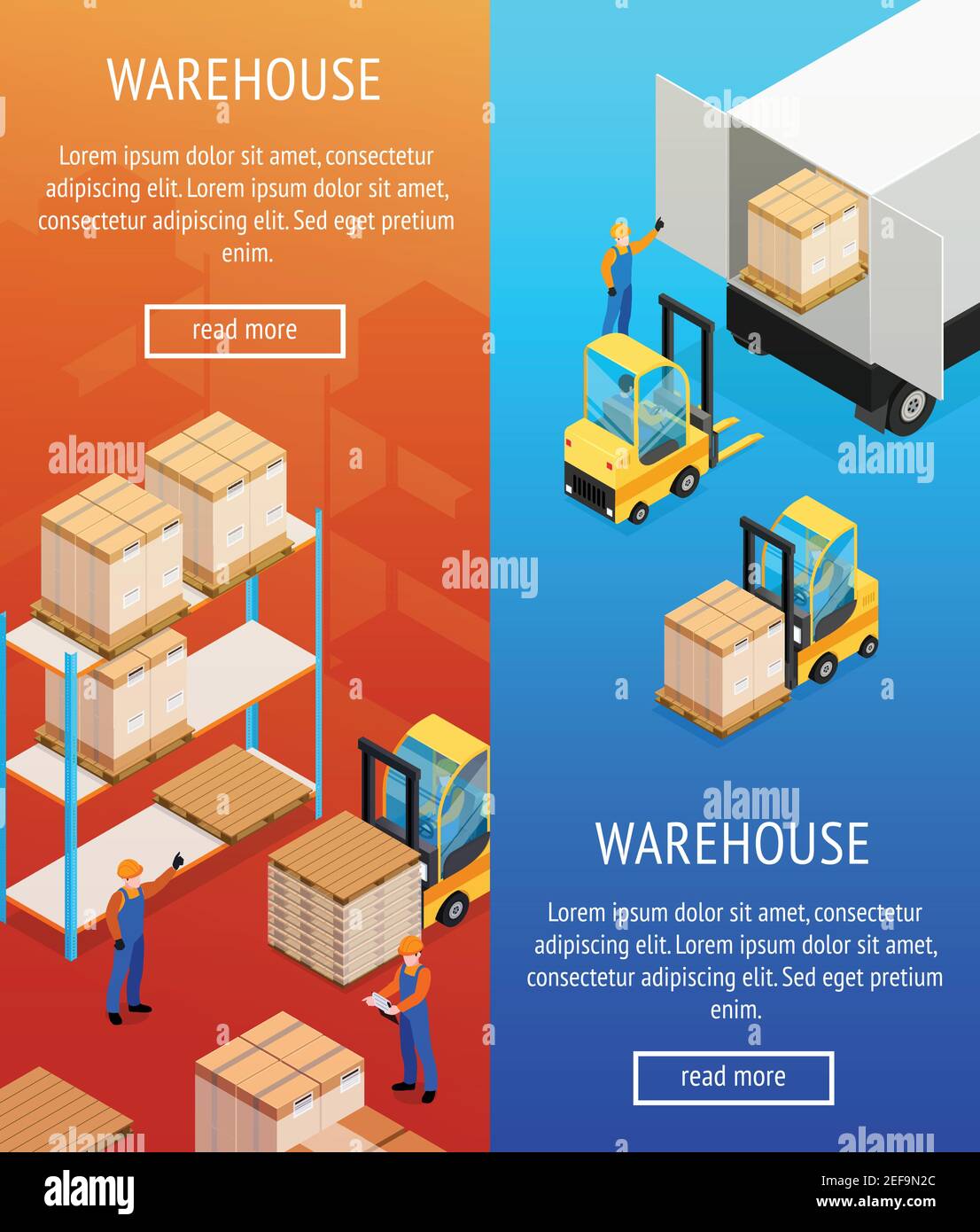 Warehouse vertical isometric banners with shelves with goods for ...