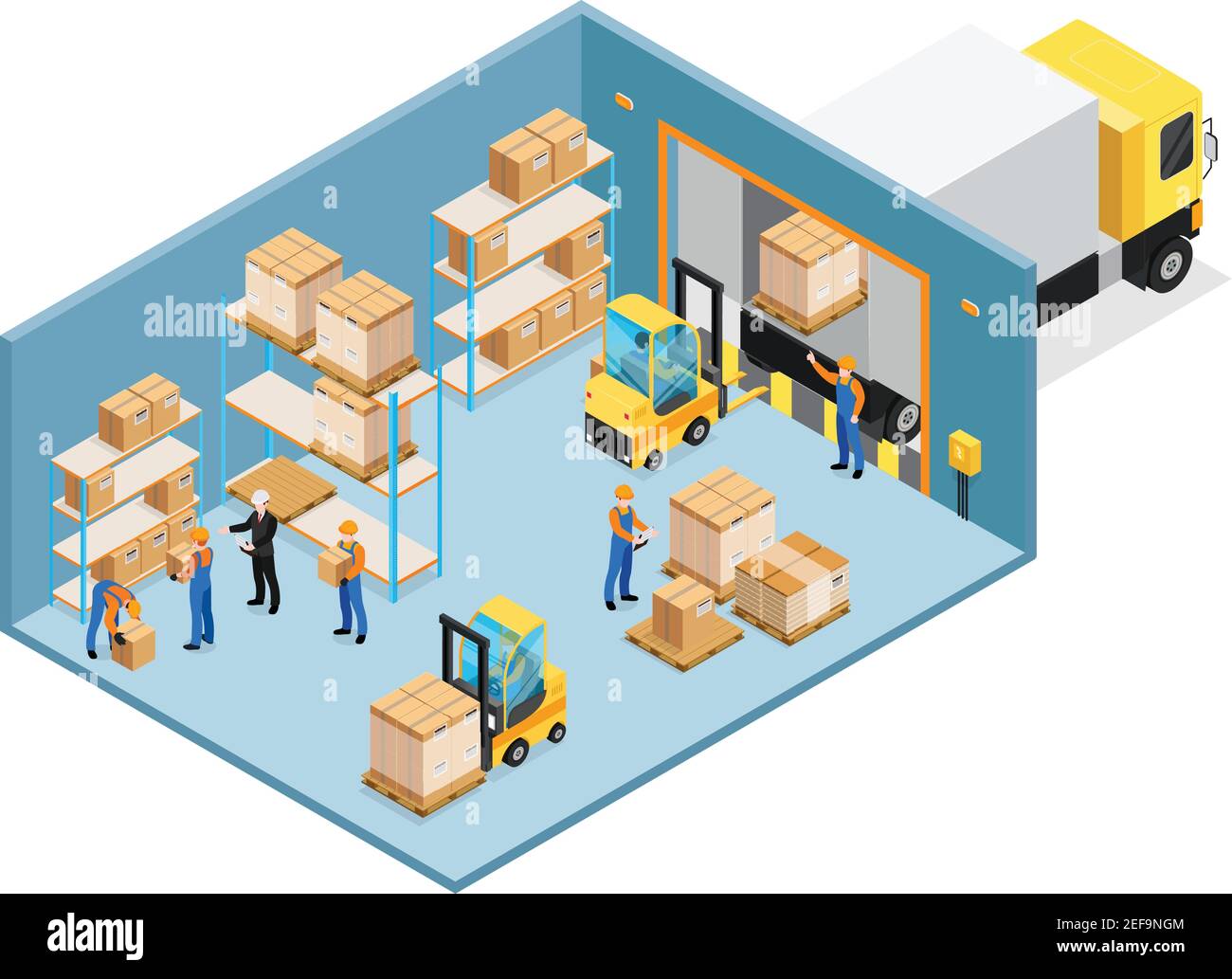 Warehouse inside isometric composition including manager and workers, forklifts, shelves with ...